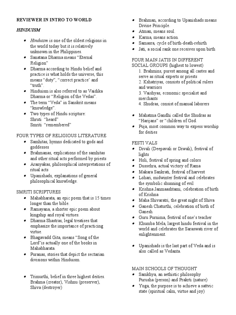Hinduism: Reviewer in Intro To World | PDF | Yoga | Hindu Texts
