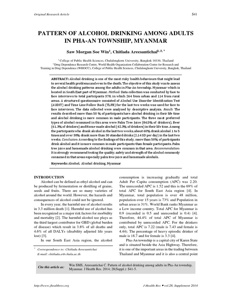 Pattern of Alcohol Drinking Among Adults in Pha-An Township, Myanmar ...