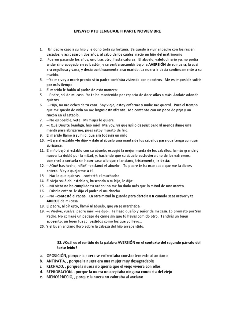 Ensayo Ptu Lenguaje Noviembre Ii Parte | PDF | Escritura