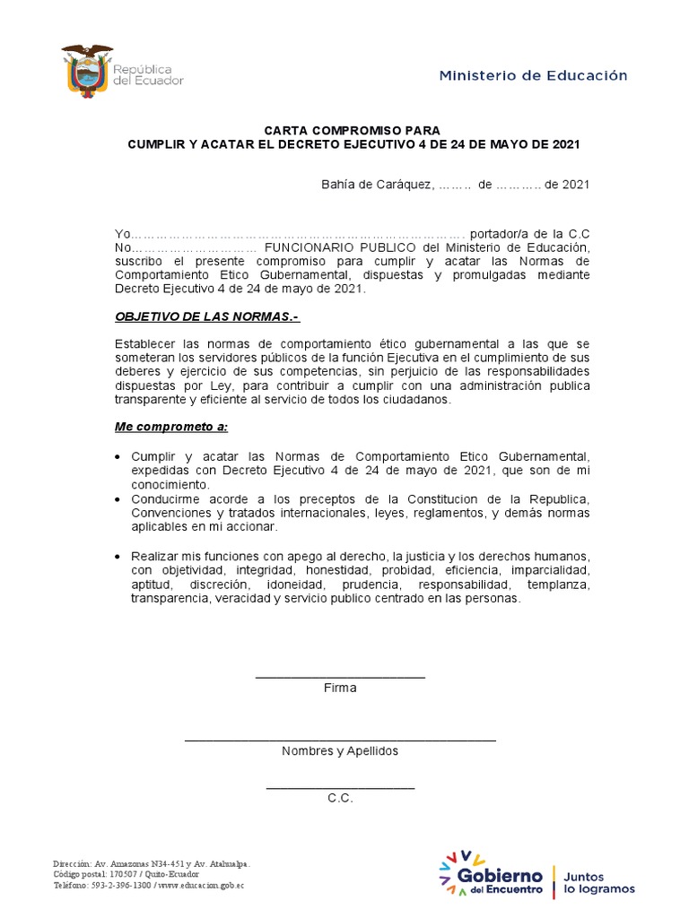 Carta Compromiso Cumplir y Acatar El de 4 de 24 de Mayo 2021 | PDF ...