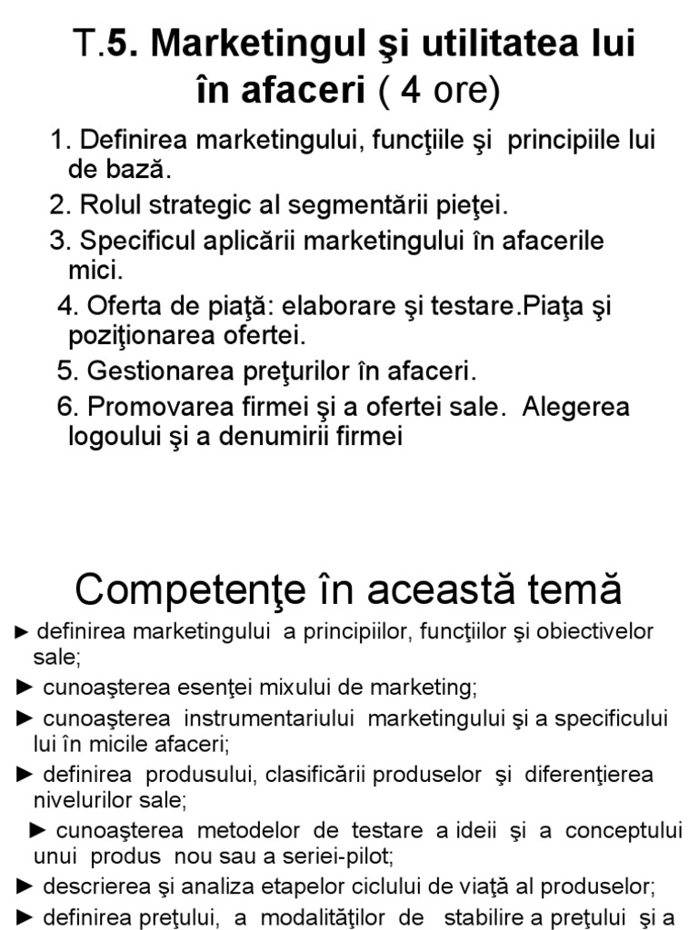 În Afaceri (4 Ore) : T.5. Marketingul Şi Utilitatea Lui | PDF