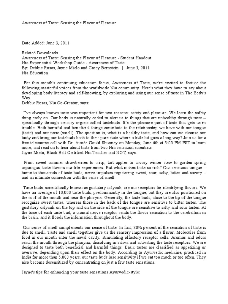 Awareness of Taste | PDF | Taste | Senses