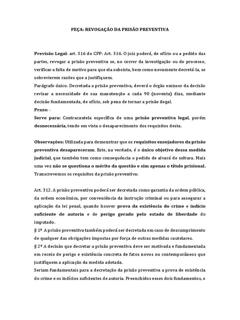 Peça Revogação De Prisão Preventiva Pdf Direito Comum Crime E
