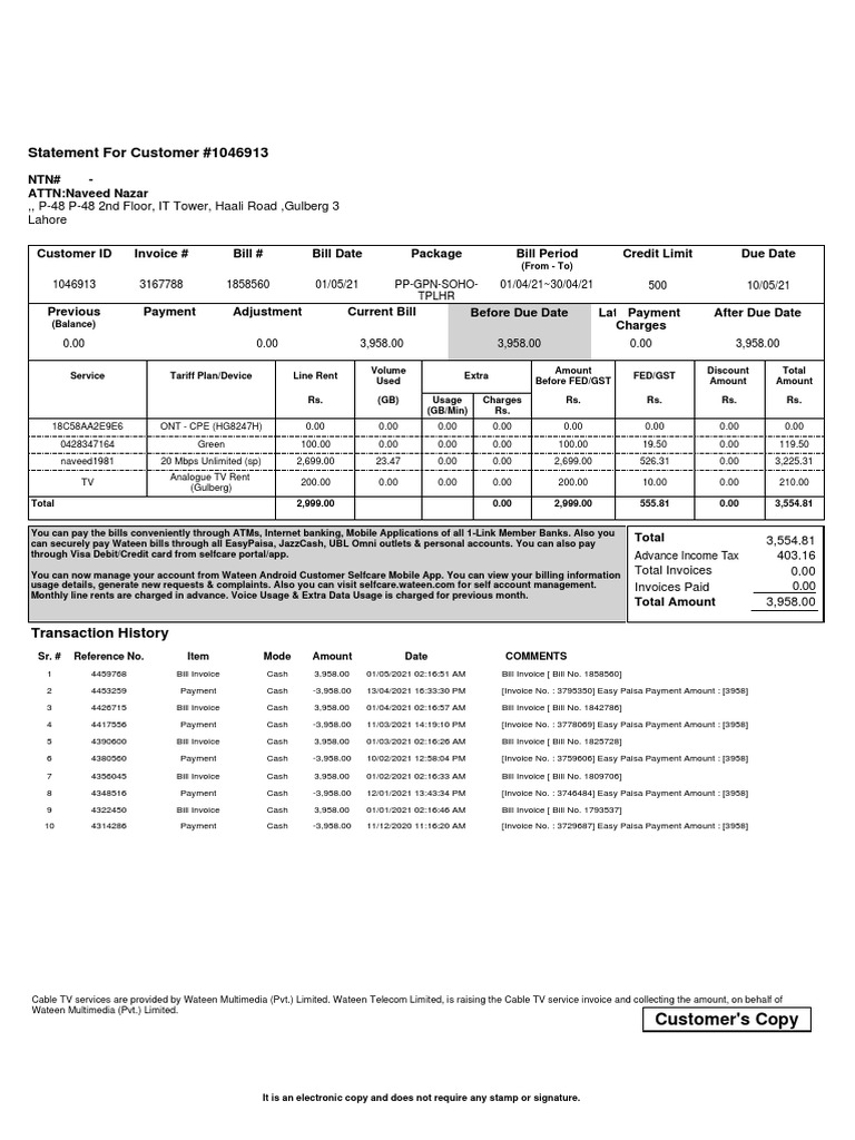 Statement For Customer #1046913: NTN# - ATTN:Naveed Nazar | PDF ...