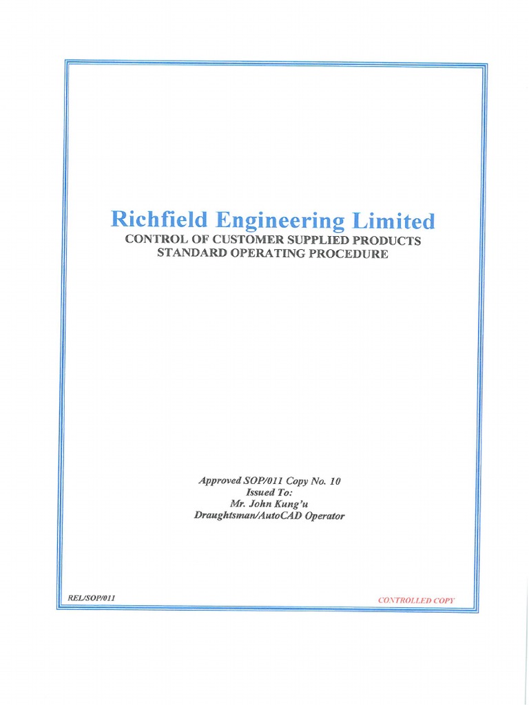 Control of Customer Supplied Product Standard Operating Proceedure | PDF
