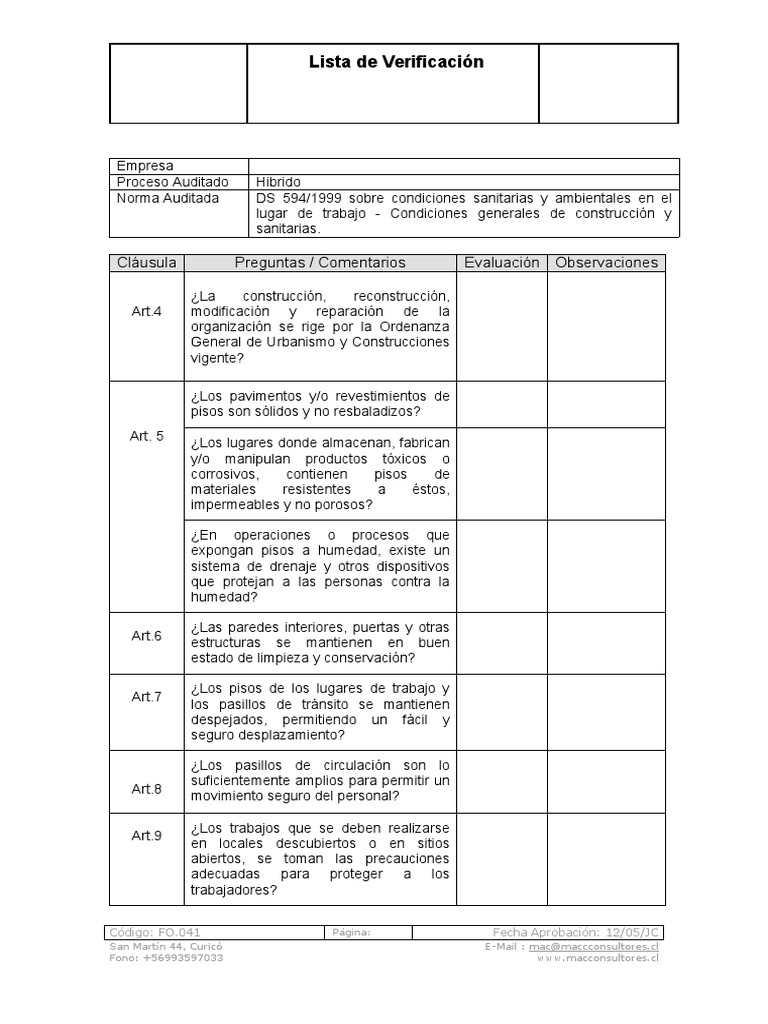 Lista De Verificación De Auditorías Internas Pdf
