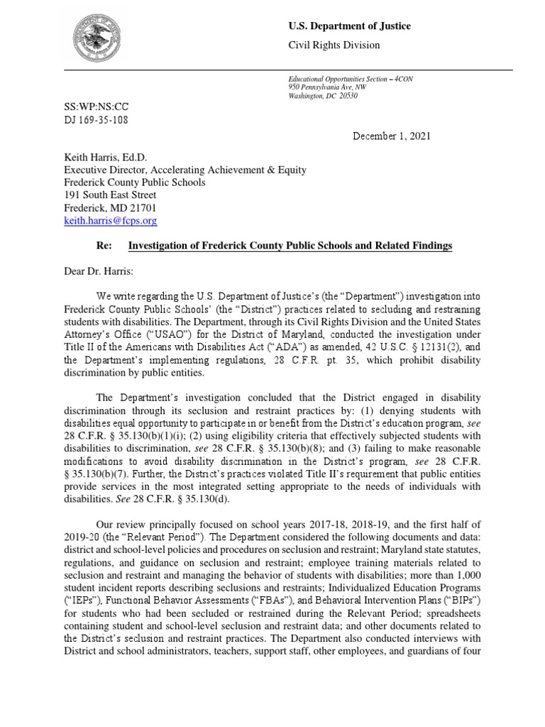 DOJ Letter To Frederick County Public Schools | Download Free PDF ...