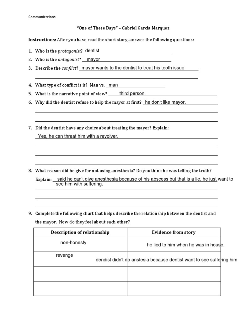 One of These Days-Comprehension Questions | PDF