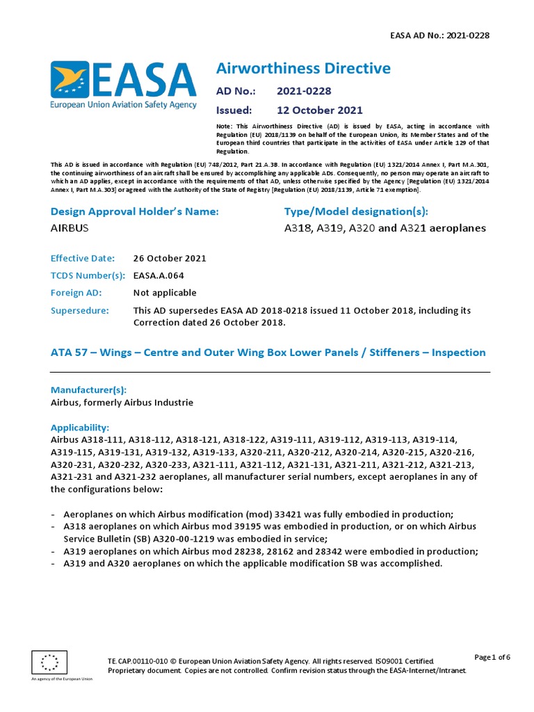Airworthiness Directive: Design Approval Holder's Name: Type/Model ...