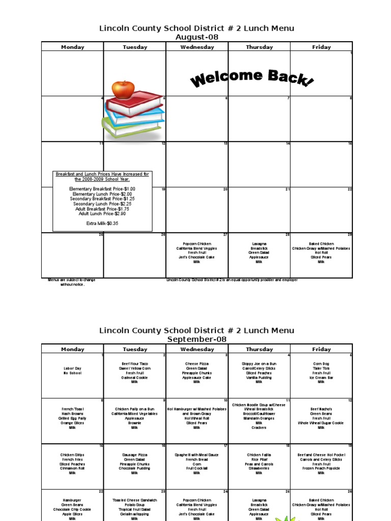 Elementary Lunch Menus Aug Sept 200851 | PDF | Lunch | Hamburgers