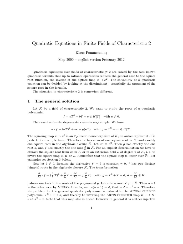 Quadratic Equations in Finite Fields of Characteristic 2: 1 The General Solution | PDF | Field ...