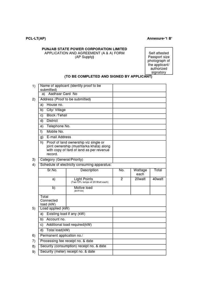 PSPCL Application & Agreement Form | PDF | Identity Document | Watt