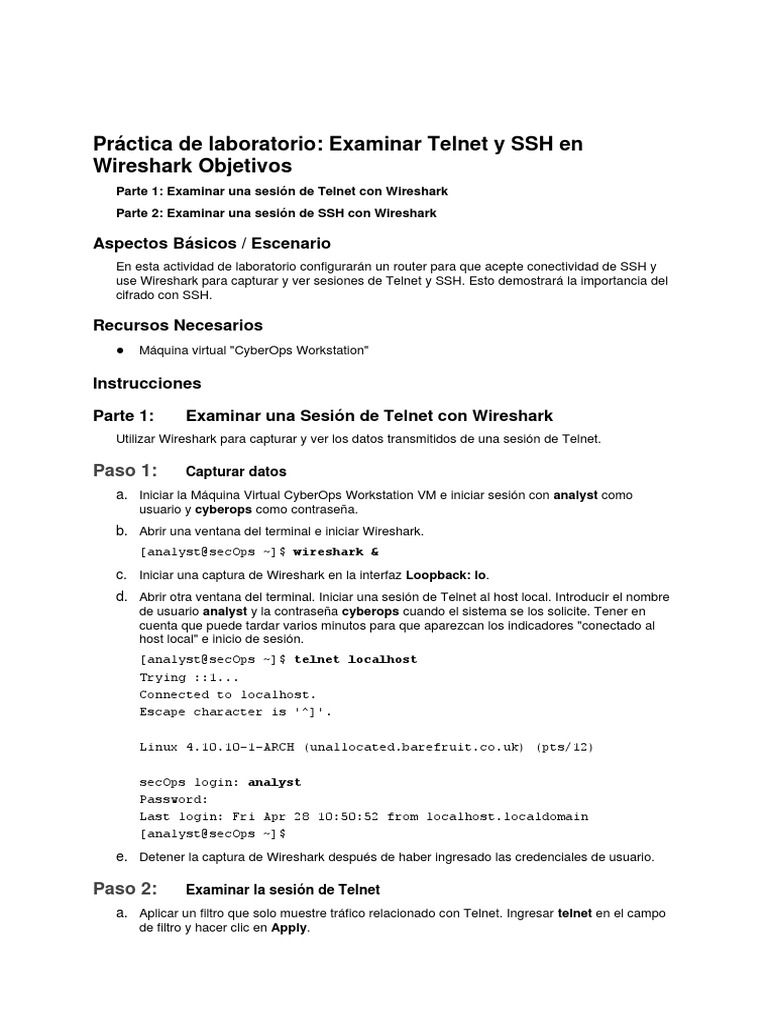 21.2.12 Práctica de Laboratorio - Examinar Telnet y SSH en Wireshark Objetivos | PDF ...