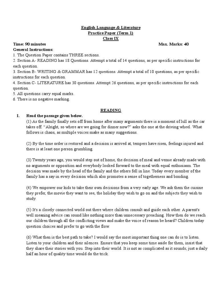 English Language & Literature Practice Paper (Term 1) Class IX Time: 90 ...