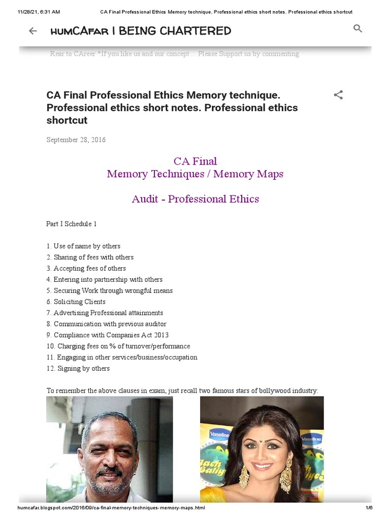 CA Final Professional Ethics Memory Technique. Professional Ethics ...