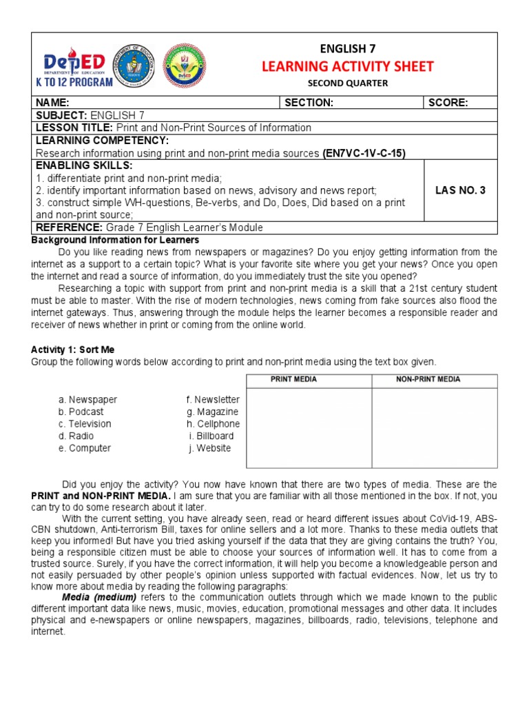 Learning Activity Sheet: English 7 | PDF | Mass Media | Internet