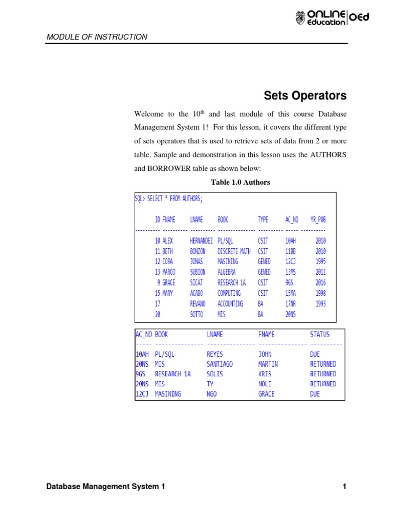 Sets Operators: Module of Instruction | PDF | Table (Database ...