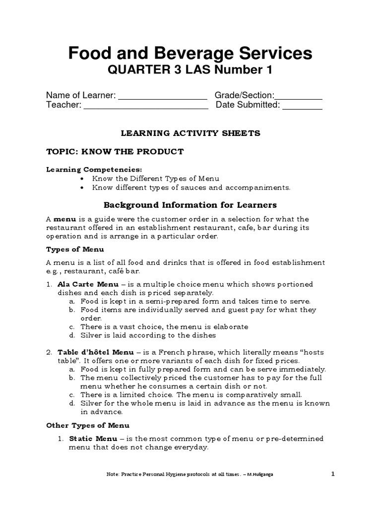 Food and Beverage Services Quarter 3 LAS No. 1 | PDF | Menu | Salad