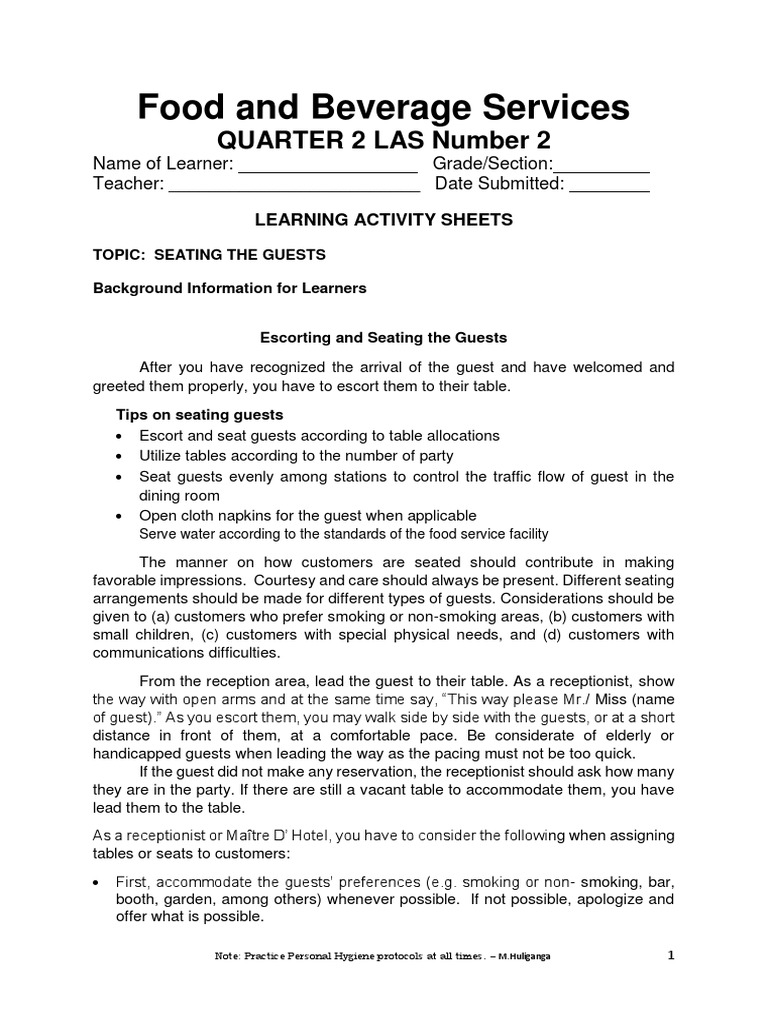 Food and Beverage Services Quarter 2 LAS No. 2 | PDF | Waiting Staff ...