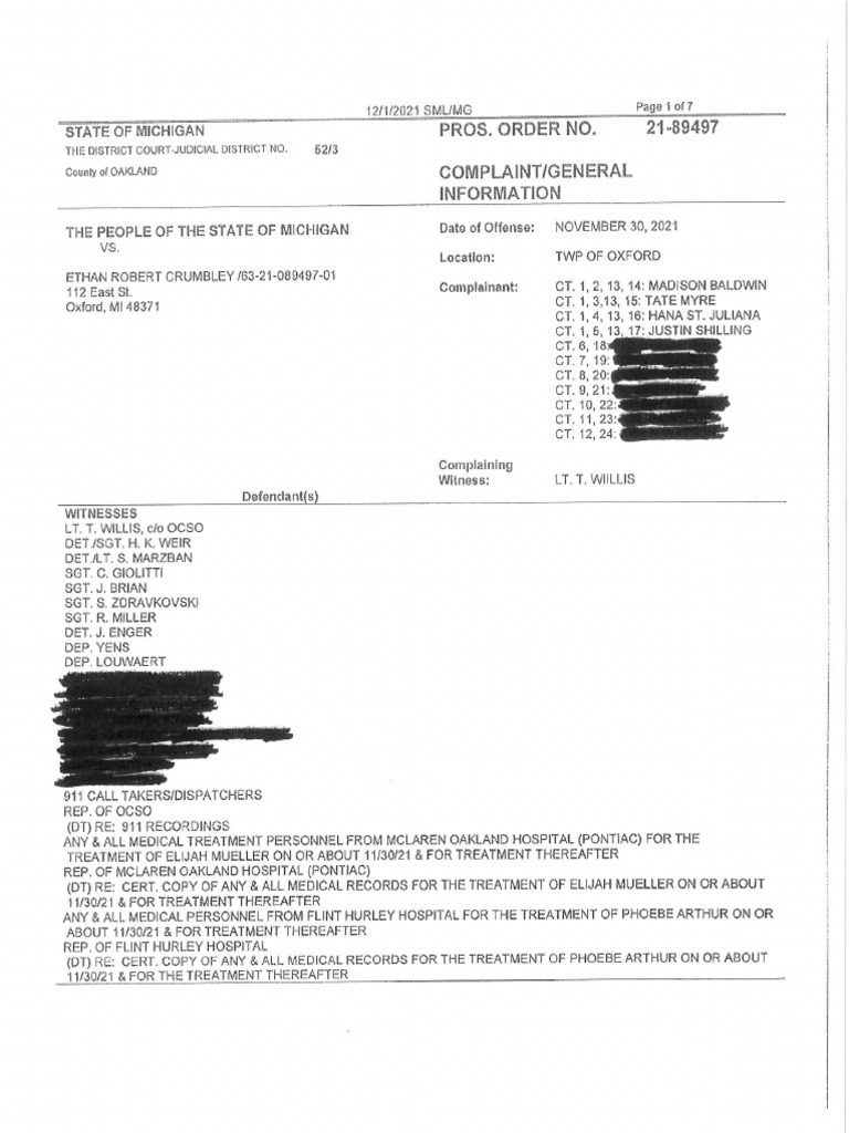 OCPO - Charges Against Crumbley WITH REDACTED INFO | PDF