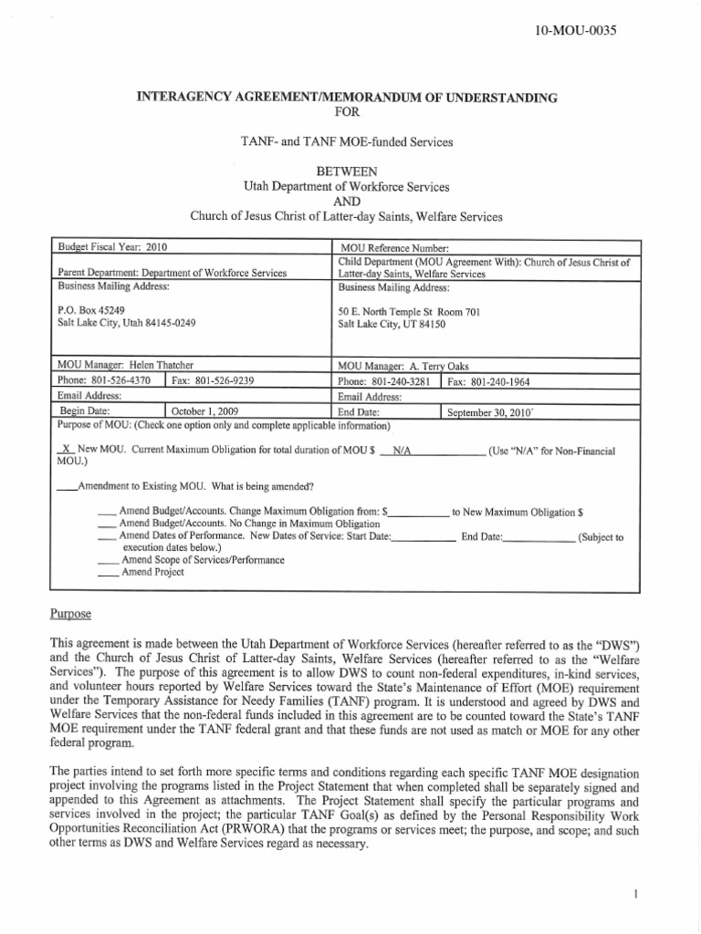 Welfare Agreement Between LDS Church and State of Utah | PDF