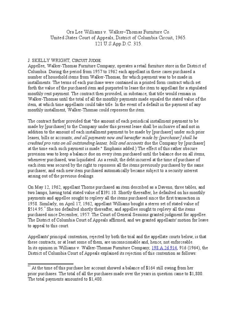 Unconscionability in Williams v. Walker-Thomas | PDF | Appeal | Legal ...