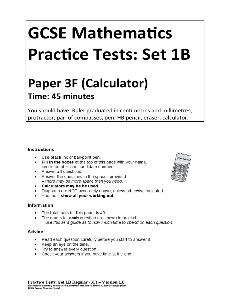 GCSE Mathematics Practice Tests: Set 1B: Paper 3F (Calculator) | PDF ...