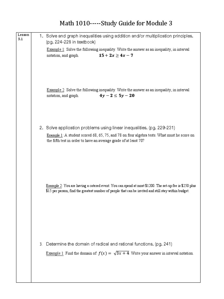 Module 3 Study Guide | PDF | Inequality (Mathematics) | Function (Mathematics)