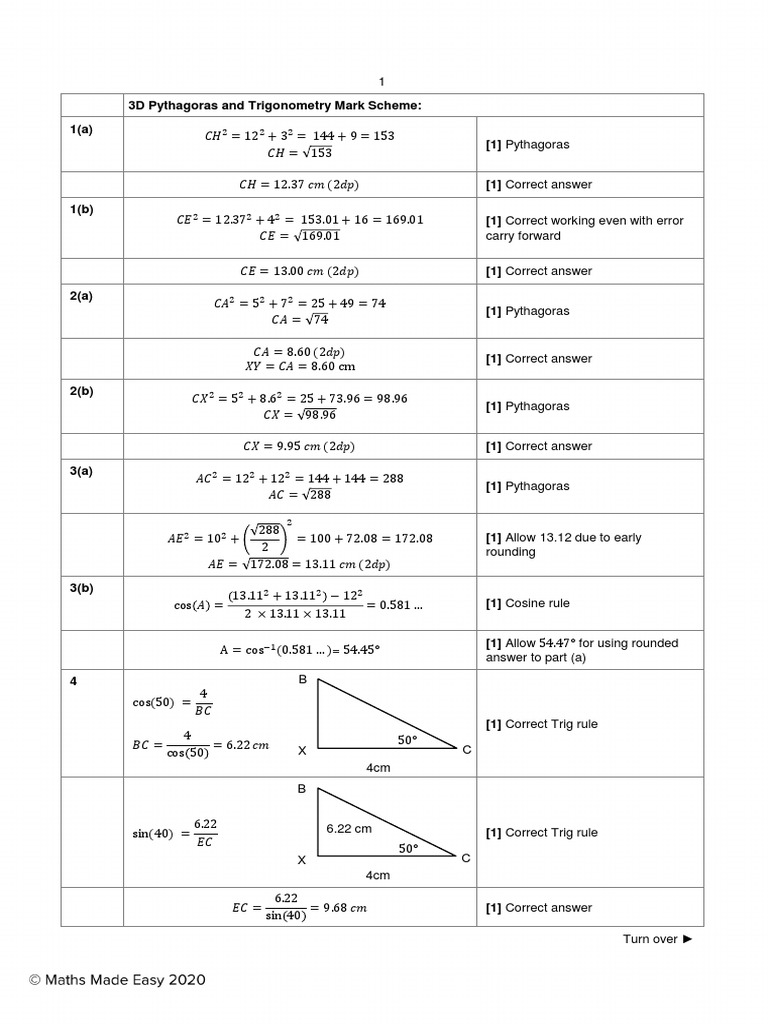 3D Pythagoras and Trig Answers MME | PDF | Trigonometric Functions | Combinatorics