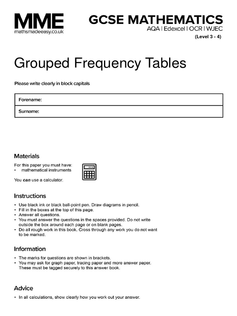 Grouped Frequency Tables Questions MME | PDF