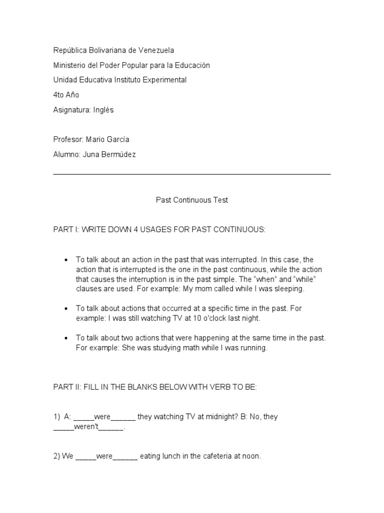 Past Continuous Test | PDF | Grammar | Linguistics