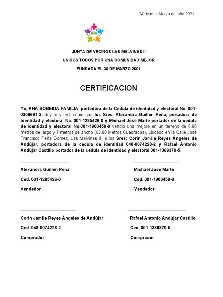 Certificacion: Junta de Vecinos Las Malvinas Ii Unidos Todos Por Una Comunidad Mejor Fundada El ...