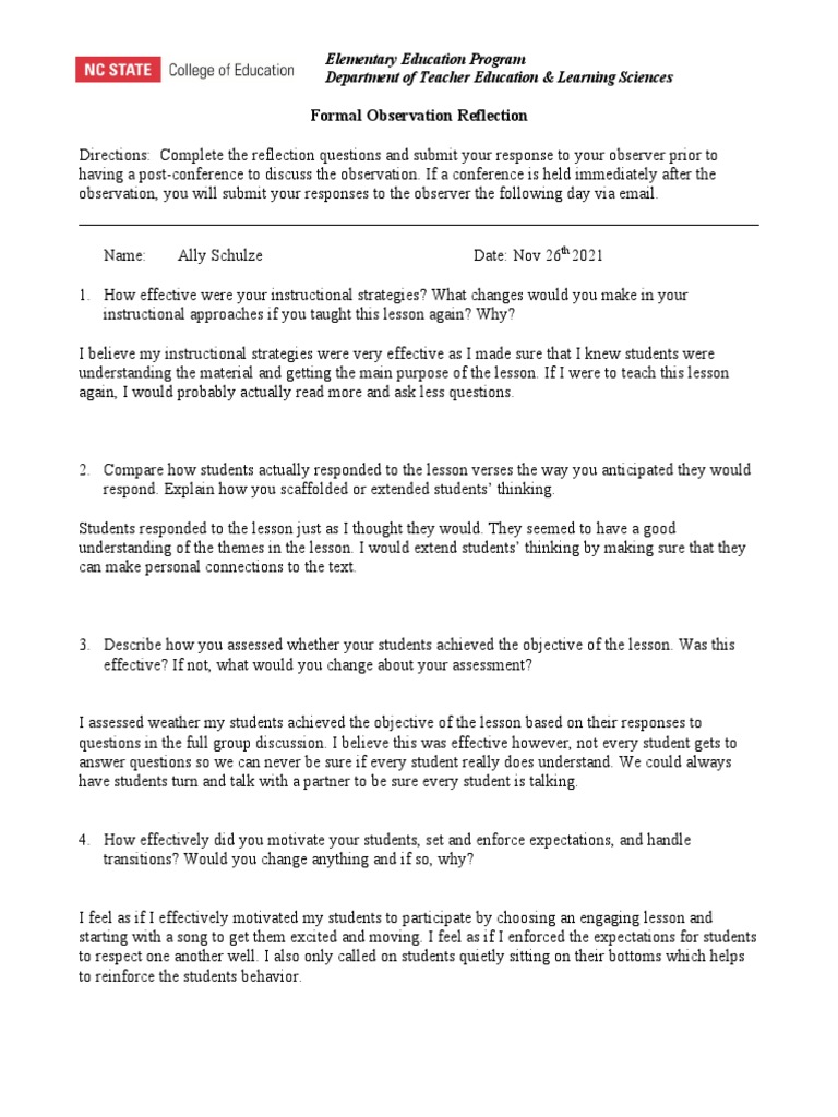 Formal Observation Reflection: Elementary Education Program Department ...