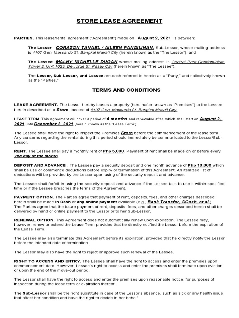 MM Store Lease Agreement | PDF | Lease | Renting