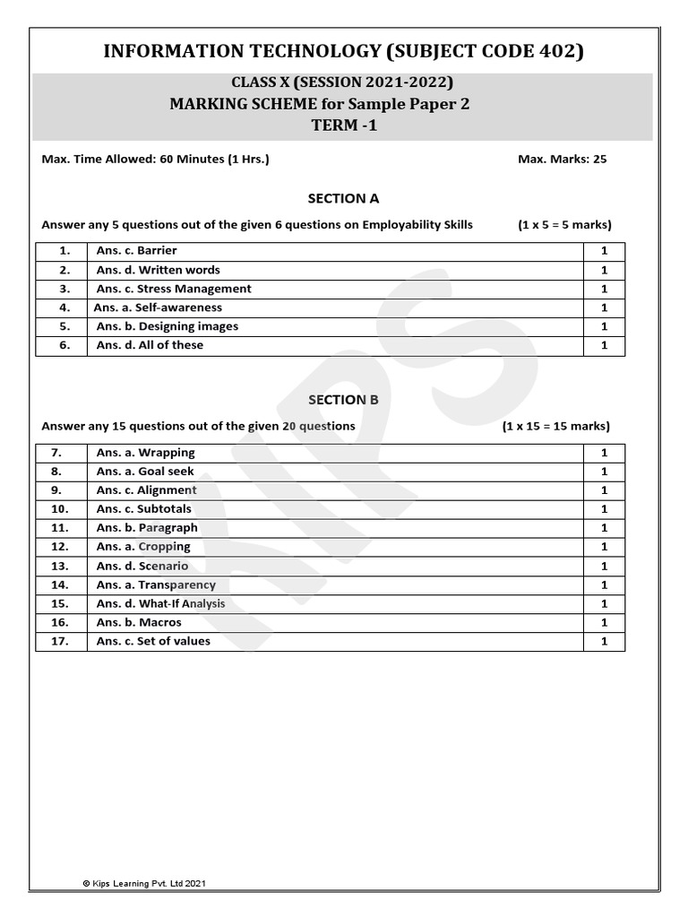 Information Technology (Subject Code 402) : MARKING SCHEME For Sample ...