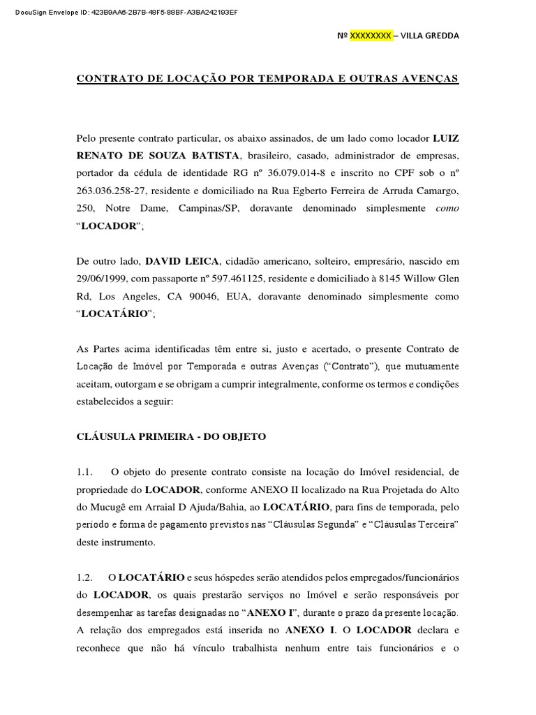 Contrato de Locação Por Temporada Reveillon - David Leica x Luiz Renato ...
