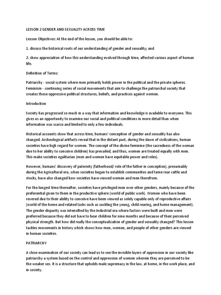 Lesson 2 Gender And Sexuality Across Time Pdf Patriarchy Gender