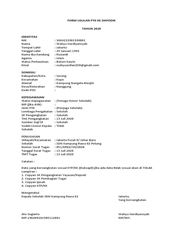 Form Usulan PTK Ke Dapodik Wahyu Hardiyansyah | PDF