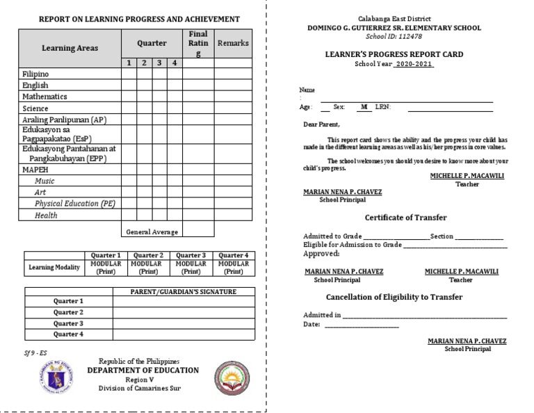 SF 9 - Elementary (Learner's Progress Report Card) | PDF | Learning ...