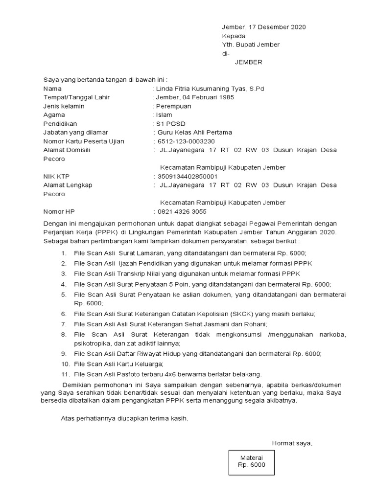 Format Surat Lamaran PPPK-1 | PDF