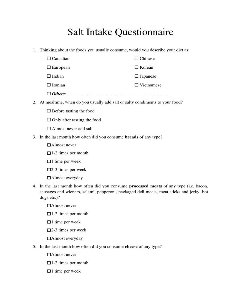 Salt Intake Questionnaire HaNguyen | PDF | Sauce | Pickling