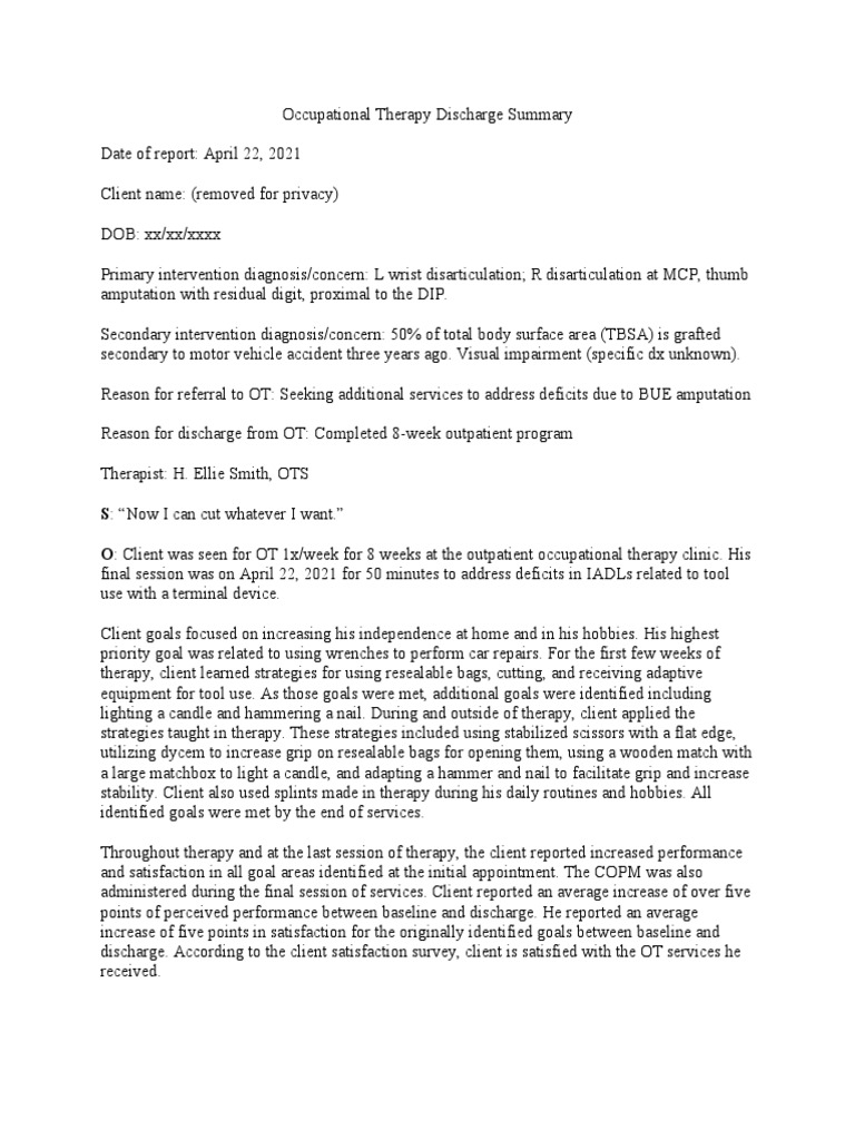 Discontinuation Discharge Note | PDF | Occupational Therapy | Clinical ...