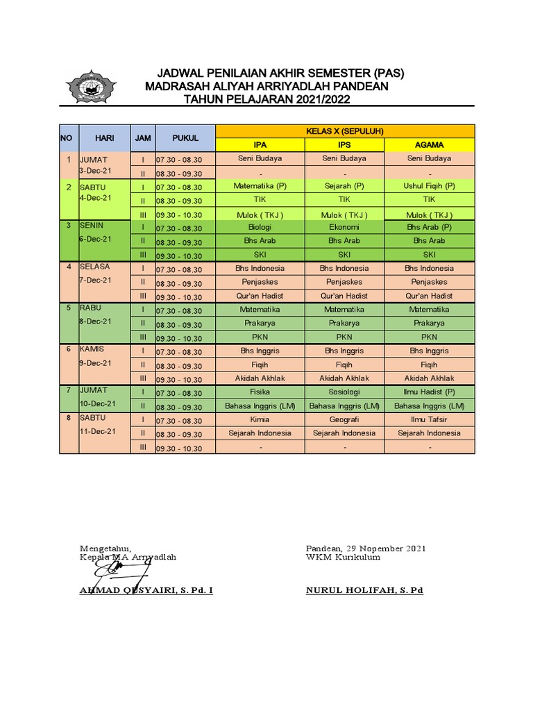 Jadwal Ujian Pas | PDF