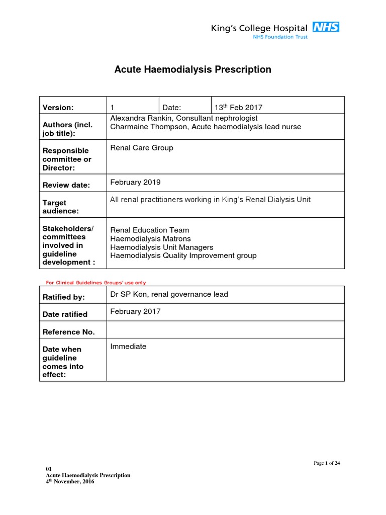 Acute Haemodialysis Prescription | PDF | Dialysis | Hemodialysis