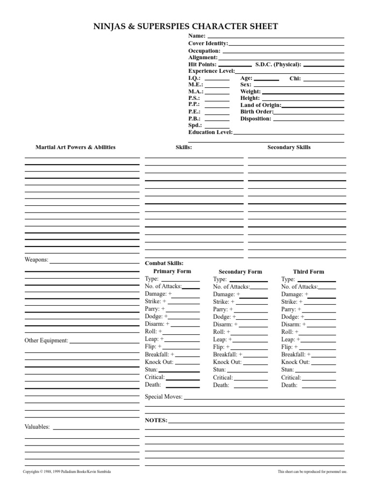 Ninjas & Superspies™ Character Sheet | PDF | Leisure Activities | Role ...