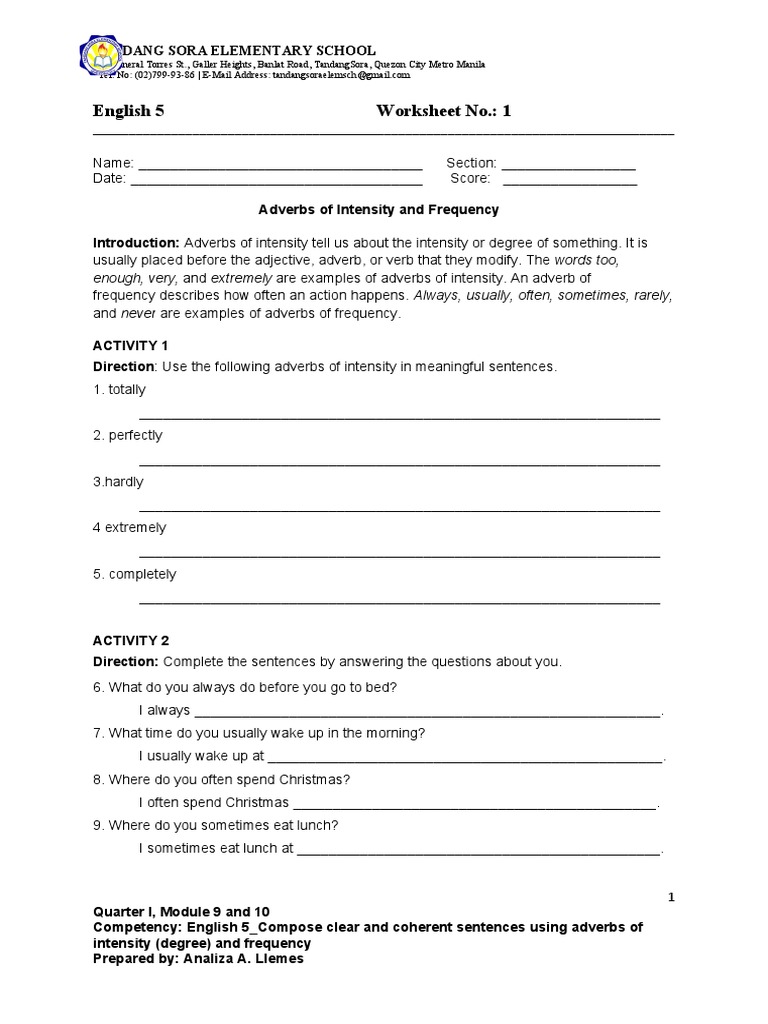 Adverbs of Intensity and Frequency Worksheet | PDF | Adverb | English ...