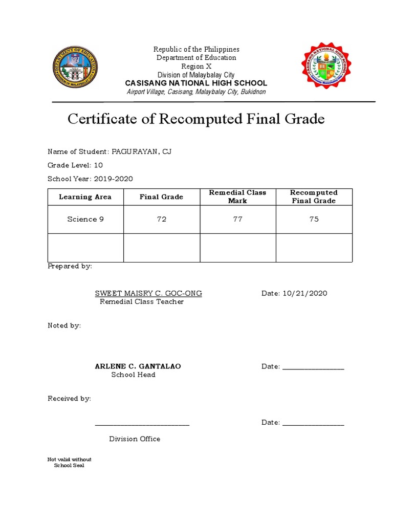 Certificate of Recomputed Final Grade | PDF