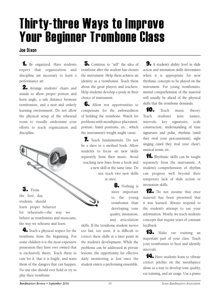 33 Tips For Trombone Class Pdf Trombone Pitch Music