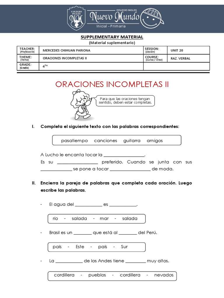 ORACIONES INCOMPLETAS LL | PDF