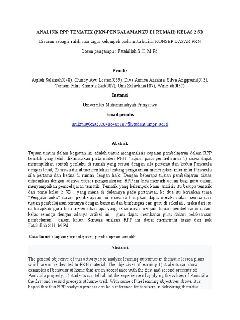 Analisis RPP Tematik PKN SD (Kel. 2) | PDF